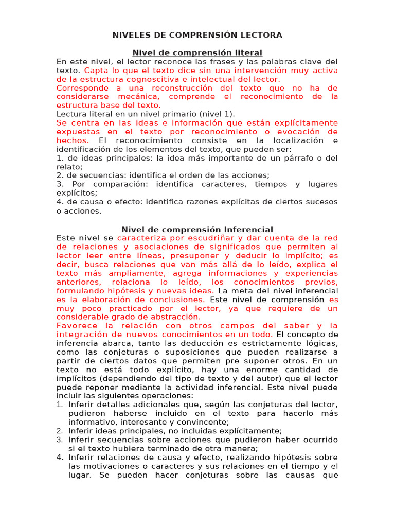 Niveles de Comprensión Lectora Explicados | PDF | Comprensión lectora ...