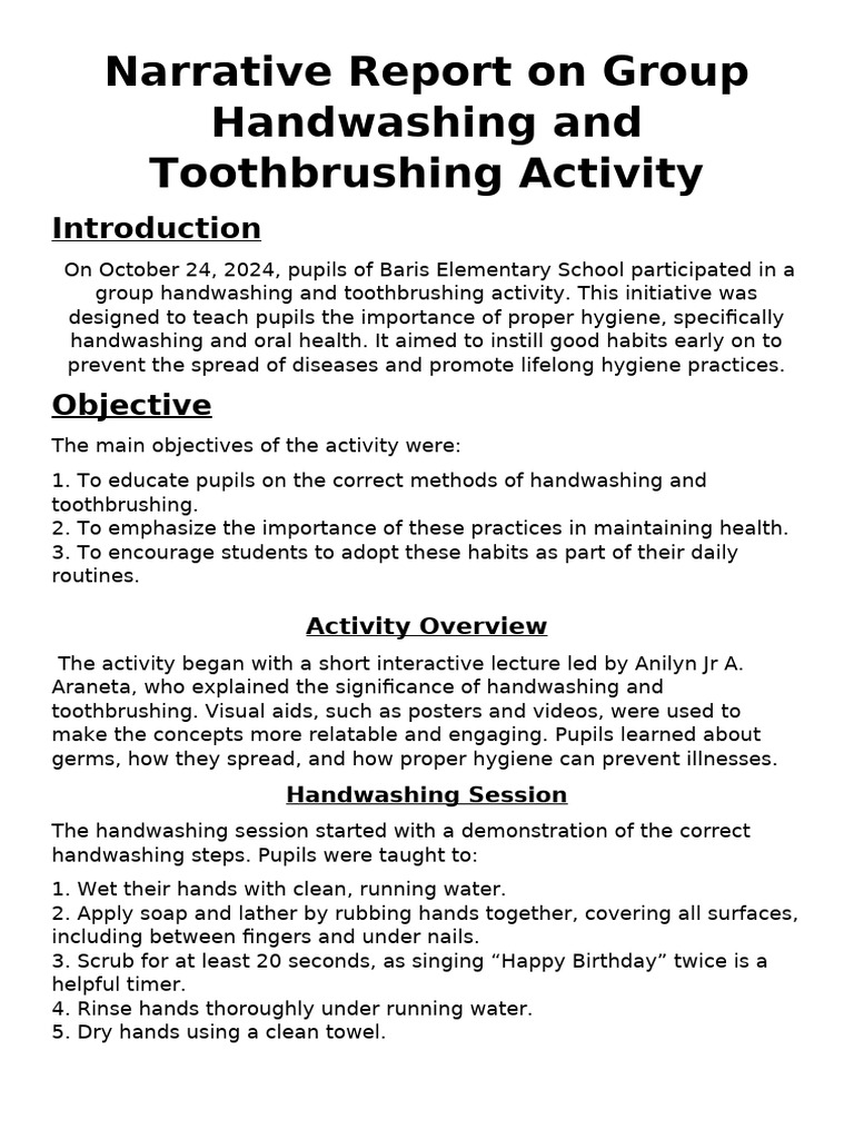 Handwashing and Toothbrushing Report | PDF | Hand Washing | Mouth