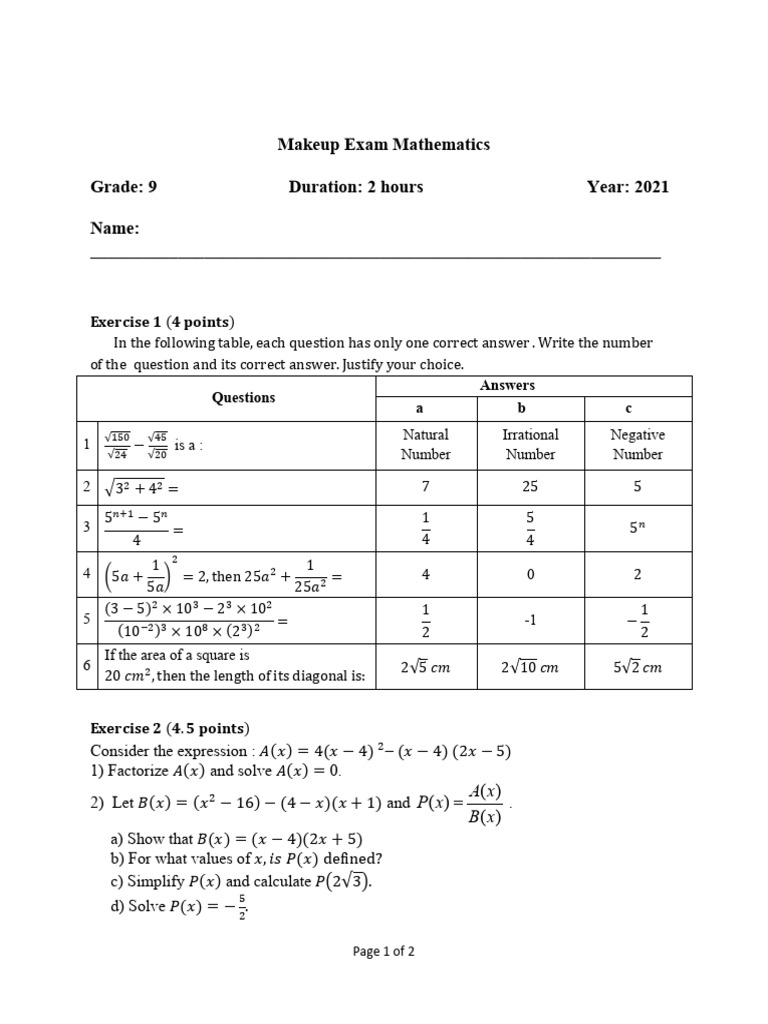 9 Math Make Up Exam | PDF | Triangle | Tangent