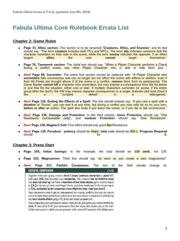 Fabula Ultima Errata & F.A.Q. Update | PDF | Tabletop Games | Role Playing Games