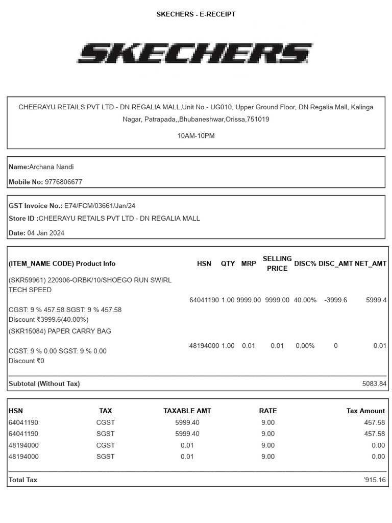 Skechers Receipt 123446476832 | PDF | Legal Liability | Damages