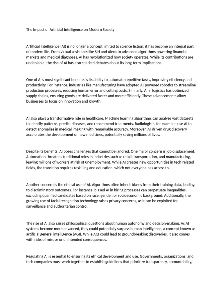 The Impact of Artificial Intelligence On Modern Society | PDF ...