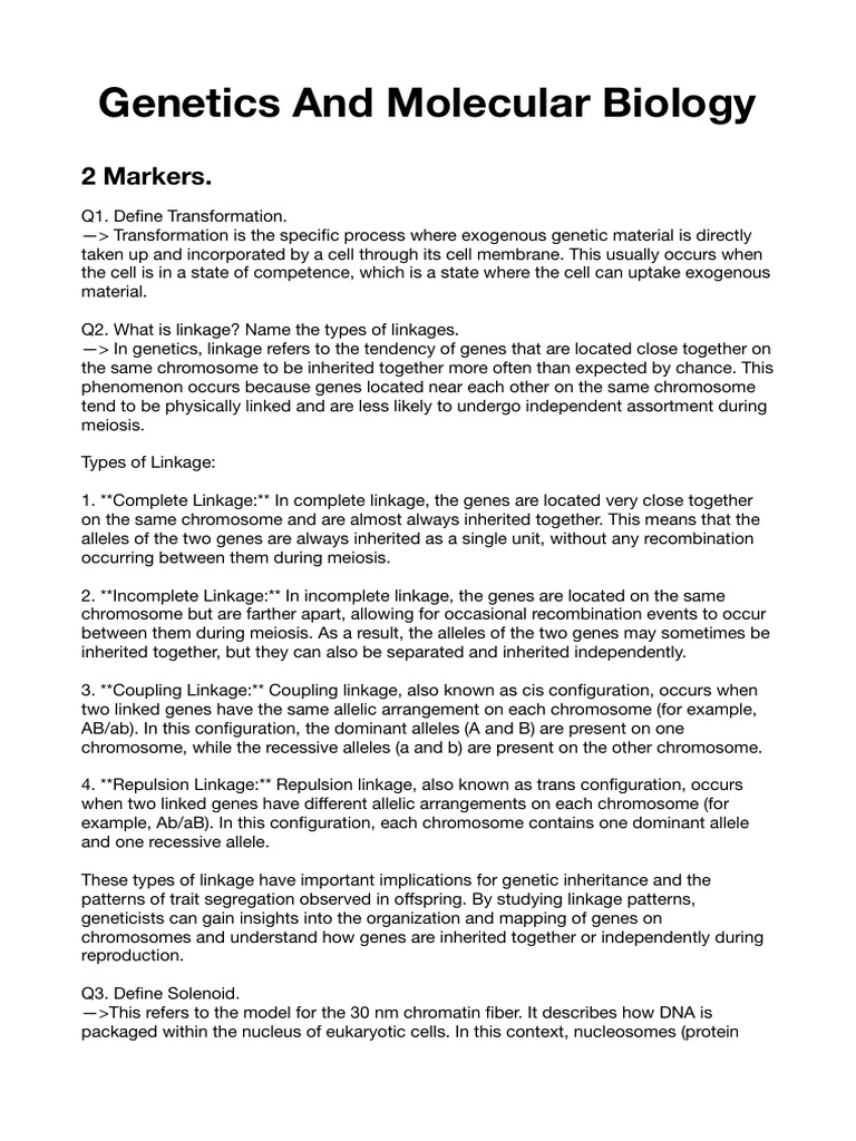 Genetics and Molecular Biology Question Paper With Answers | PDF ...