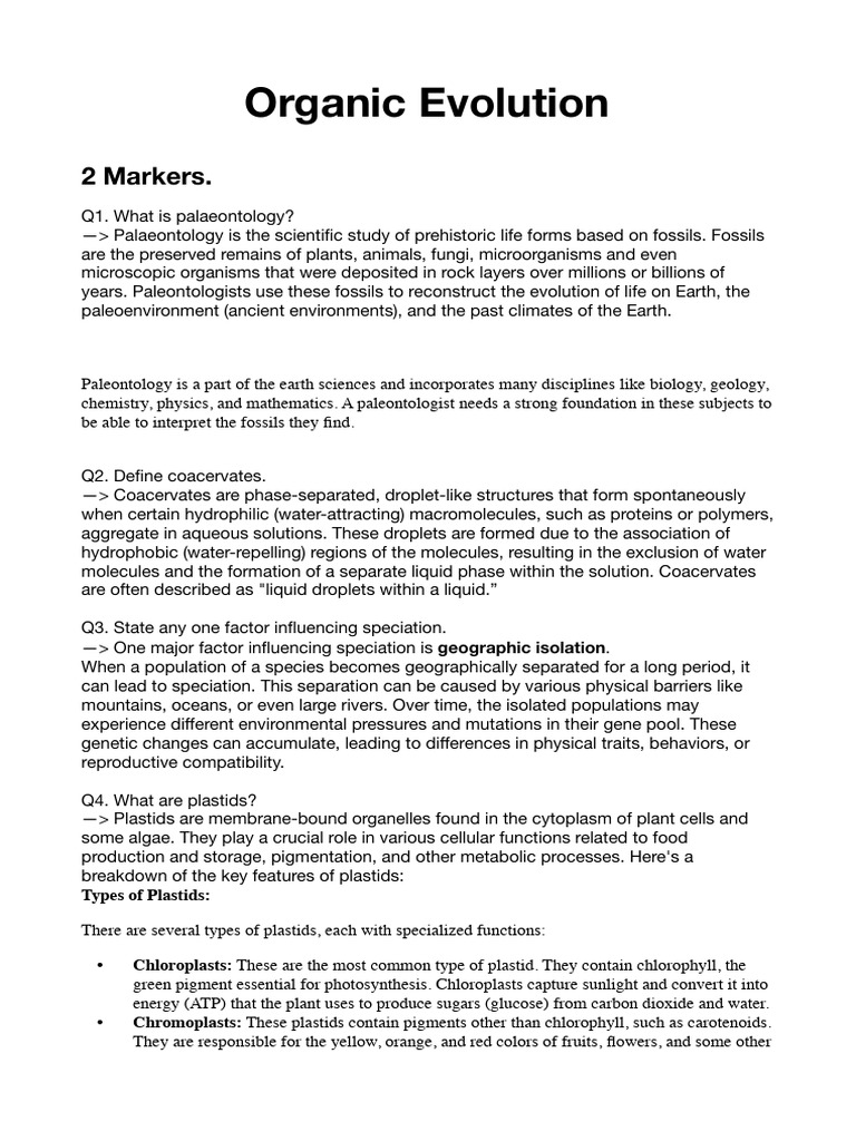 Organic Evolution Question Paper With Answers | PDF | Chloroplast | Natural Selection