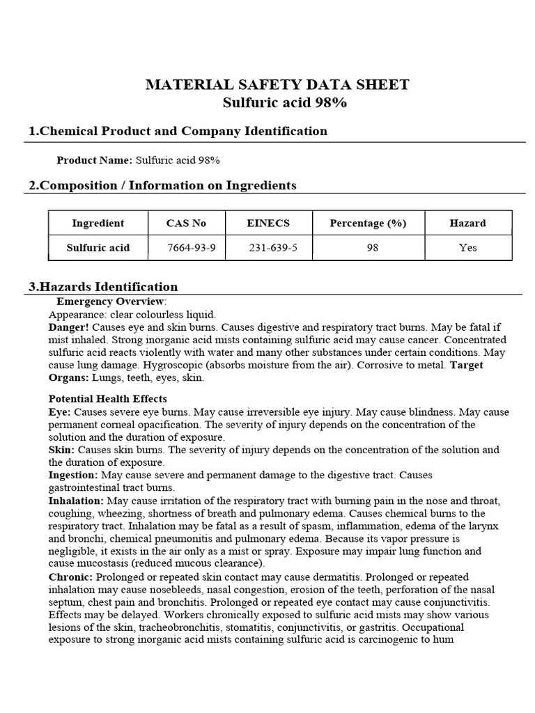 Sulfuric Acid Msds Pdf Sulfuric Acid Respiratory System