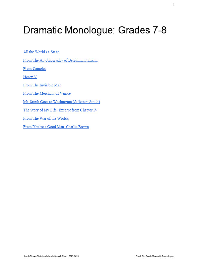 Dramatic Monologues Grades 7 8 | PDF | Earth | Virtue