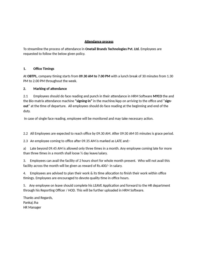 Attendance Process Onetail Brands Technologies Pvt. LTD | PDF | Business