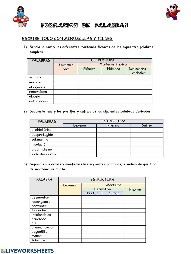 Formacion de Palabras: Escribe Todo Con Minúsculas Y Tildes | PDF