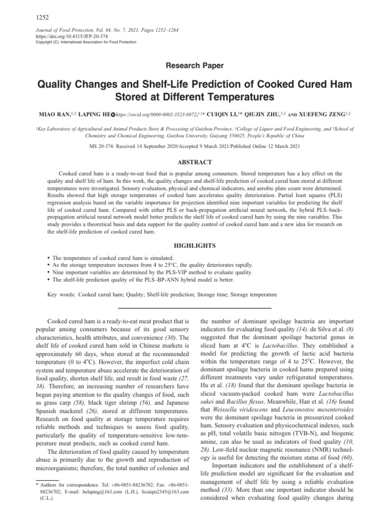 Quality Changes and Shelf-Life Prediction of Cooked Cured Ham Stored at ...