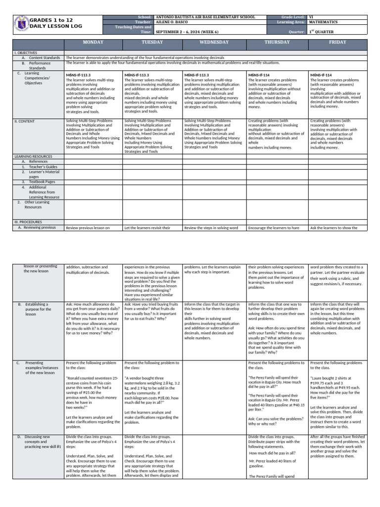 DLL - Mathematics 6 - Q1 - W6 | PDF | Learning | Multiplication