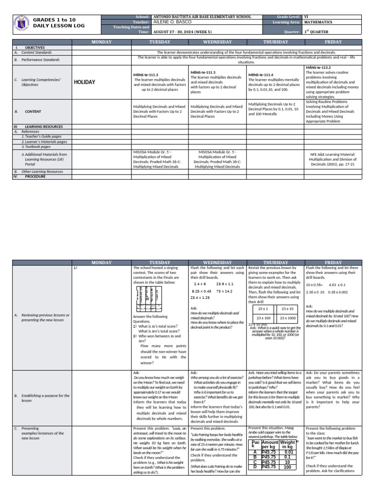 DLL_MATHEMATICS 6_Q1_W5 | PDF | Multiplication | Learning