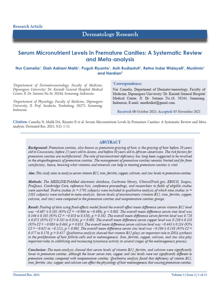 Serum Micronutrient Levels in Premature Canities A Systematic Review ...