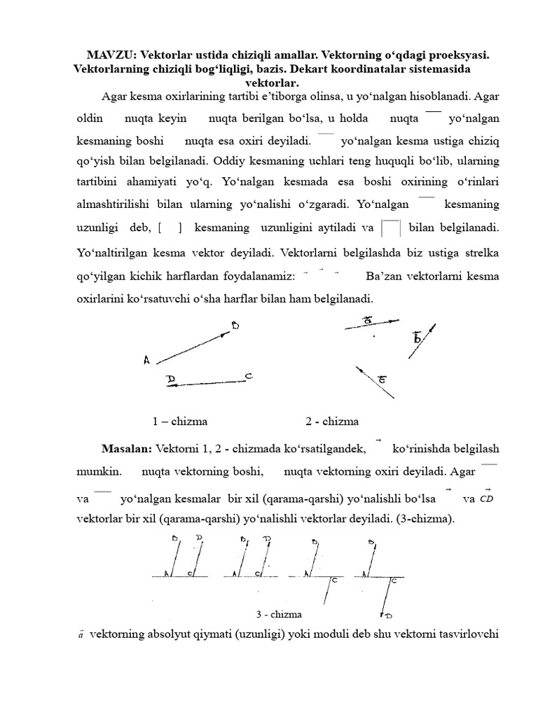 3 Maruza Vektorlar Ustida Chiziqli Amallar Vektorning o Qdagi Proeksyasi | PDF
