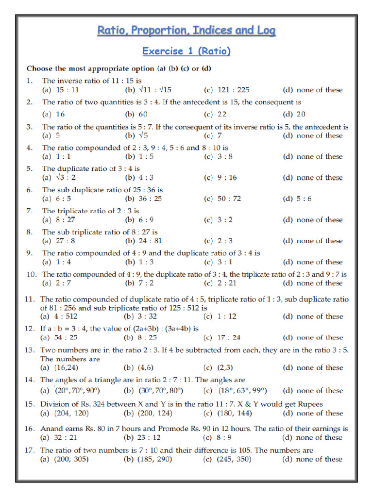 Ratio, Proportion, Indices, Log Exercises | PDF | Teaching Methods & Materials | Science ...