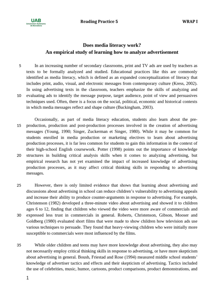 Reading Practice 5 Media Literacy | PDF | Critical Thinking | Literacy