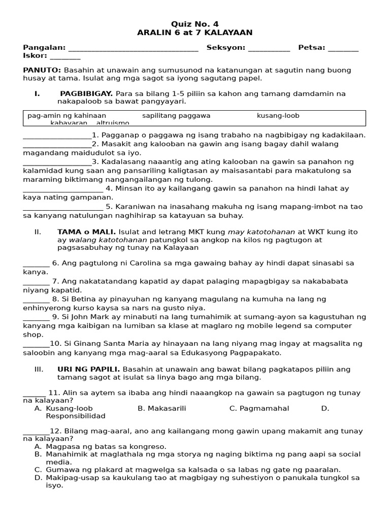 Quiz No 4 Aralin 6 at 7 | PDF
