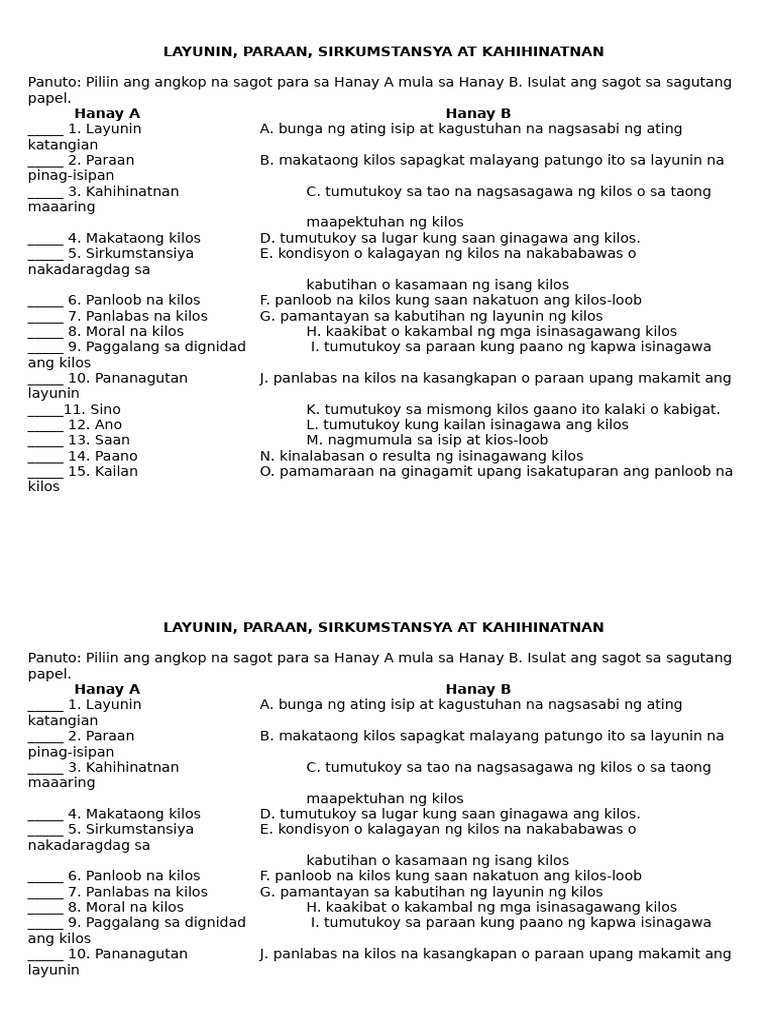 Layunin, Paraan, Sirkumstansya, Kahihinatnan Quiz | PDF
