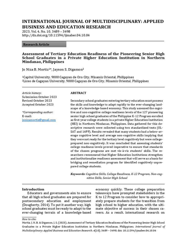 Tertiary Education Readiness Assessment | PDF | Extraversion And ...