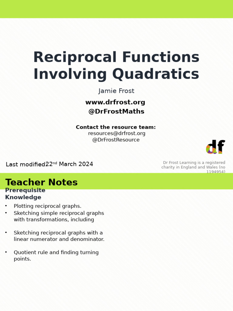 Reciprocal Functions Involving Quadratics - Lesson | PDF | Asymptote | Mathematical Analysis
