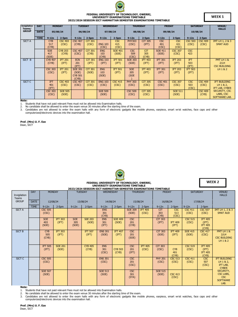 Sict Exam Time Table - 2023 - 2024 - Harmattan | PDF