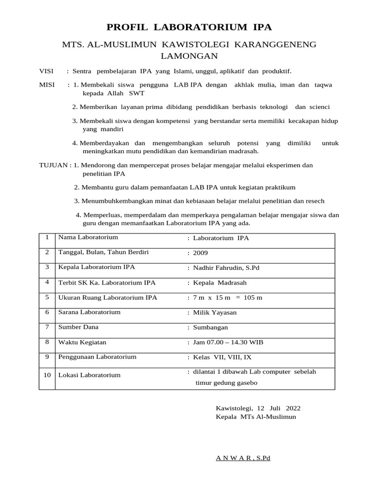 Profil Lab IPA MTs Al-Muslimun | PDF