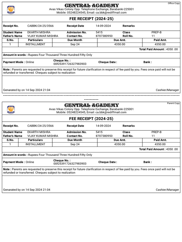 Fee Receipt | PDF | Cheque | Payments