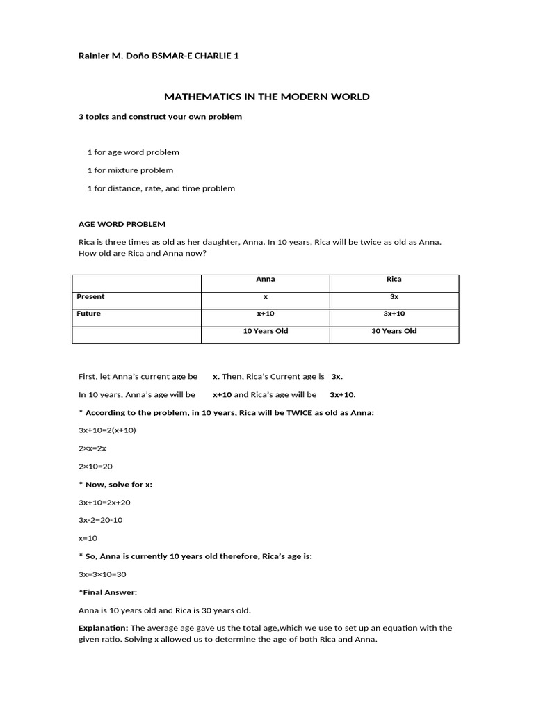 Rainier Doño Age Word Problem, Mixture Problem, Distance Time and Rate | PDF | Speed | Percentage