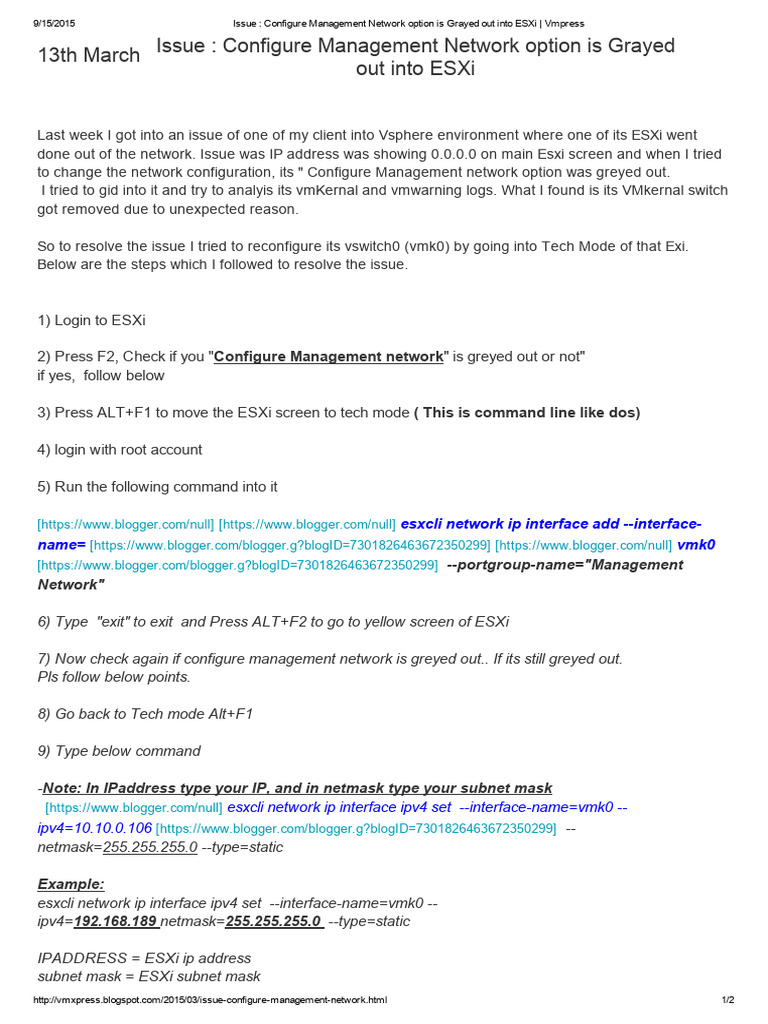 Issue Configure Management Network Option Is Grayed Out Into Esxi