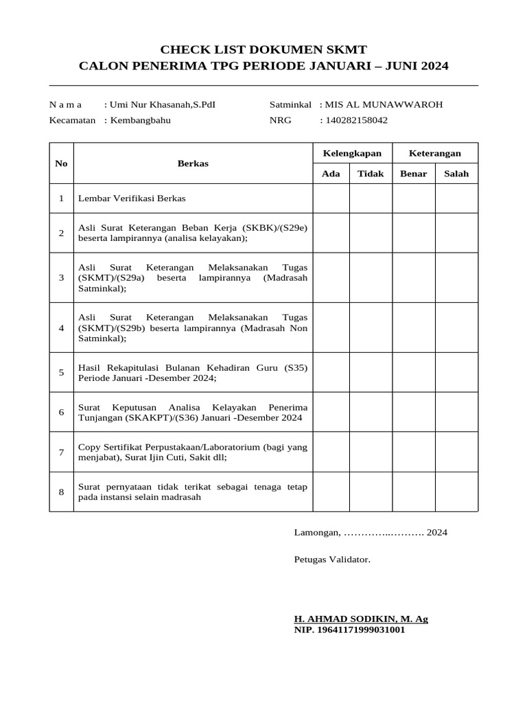 Check List Dokumen SKMT Jan-Juni 2024 | PDF