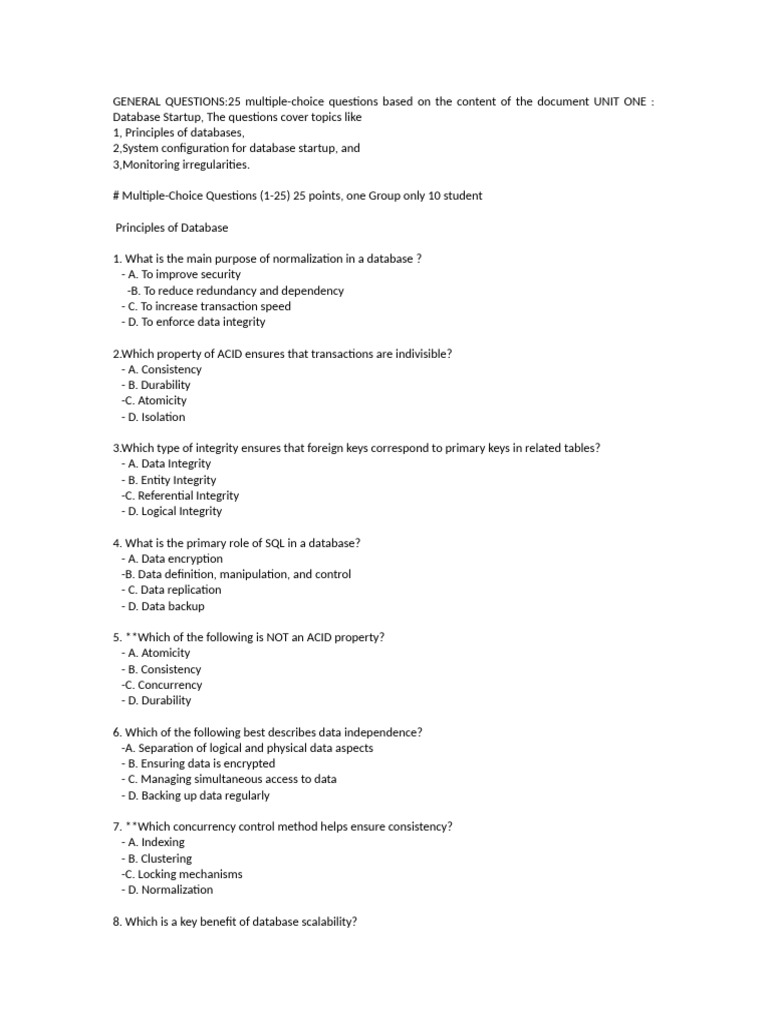 Database Startup MCQs for Students | PDF | Databases | Computer Data ...