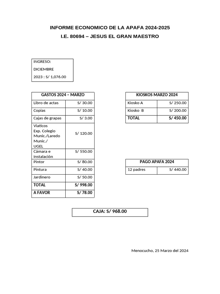 Informe Economico de La Apafa 2024 | PDF