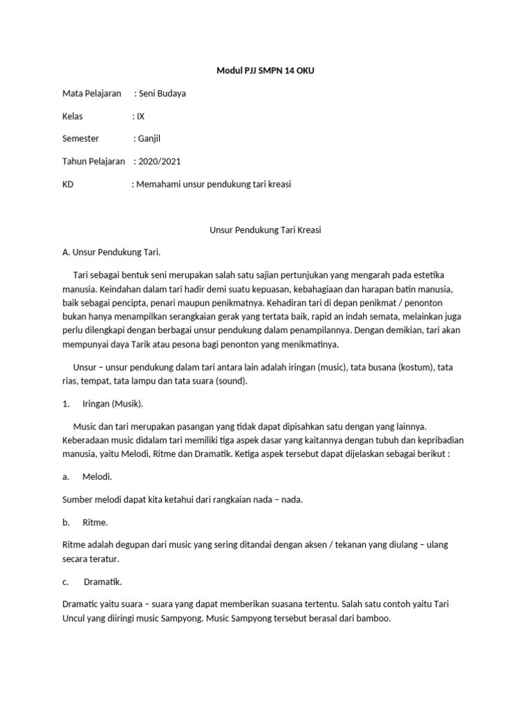 Modul SBK 9 Unsur Pendukung Tari Kreasi | PDF