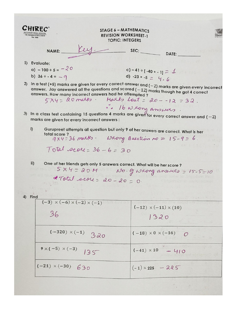 Integer-1 Answer Key | PDF