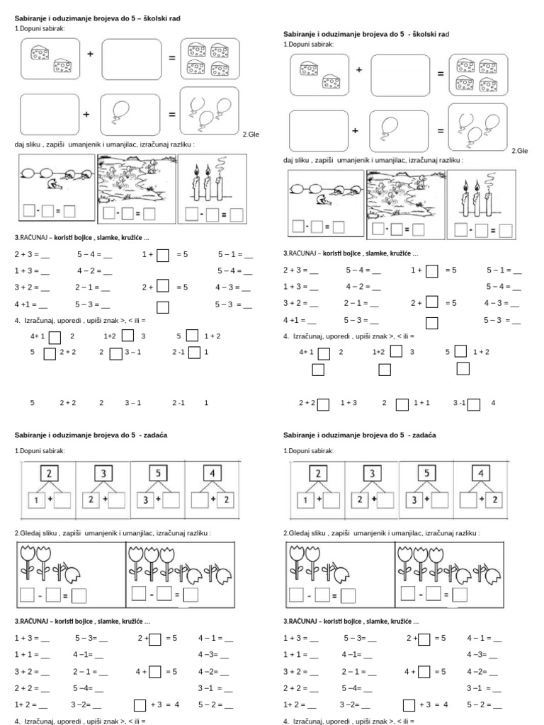 Sabiranje I Oduzimanje Brojeva Do 5 | PDF
