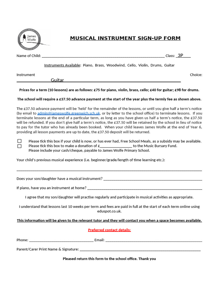 Musical Instrument Sign Up Form Sept 2020 | PDF | Fee