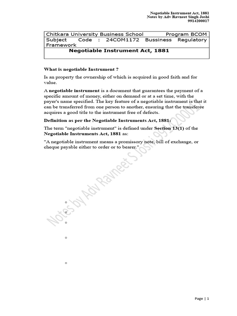 Overview of Negotiable Instruments Act | PDF | Negotiable Instrument ...