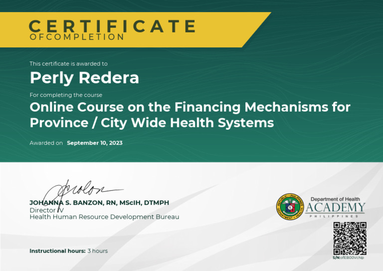 Completion Certificate for Health Financing Course | PDF