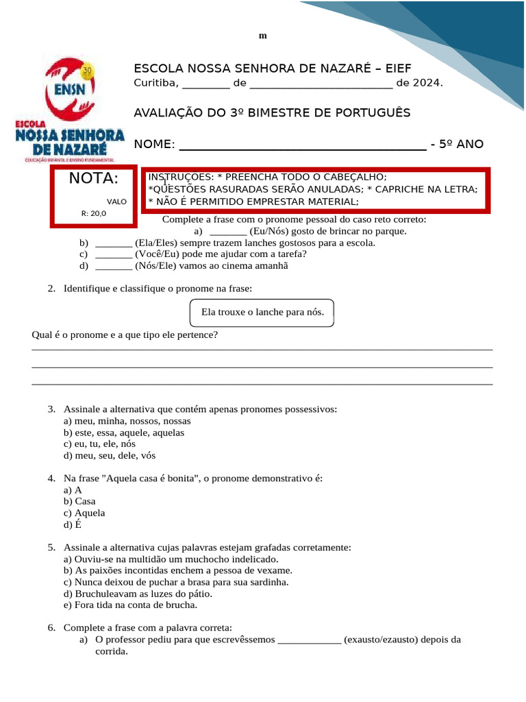 Prova 3 Bimestre 2ciclo - 5° Ano | PDF | Pronome