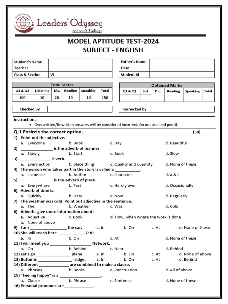Grade 6 English Aptitude Test 2024 | PDF | Part Of Speech | Verb