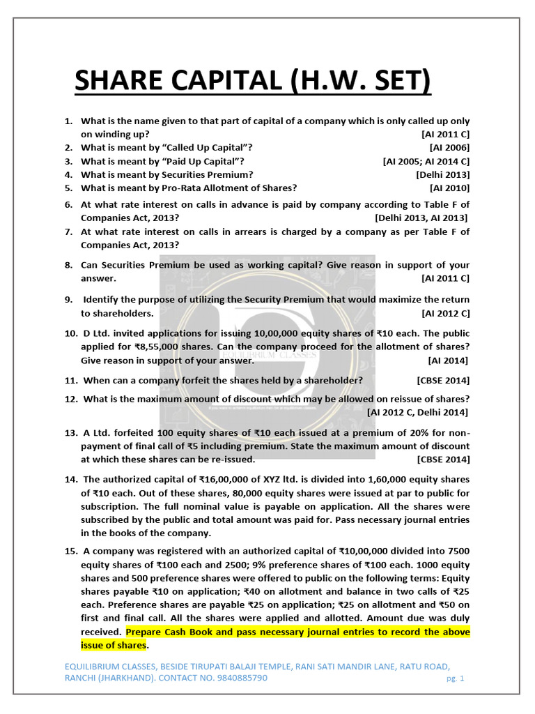 Share Capital HW Set | PDF | Equity (Finance) | Equity Securities