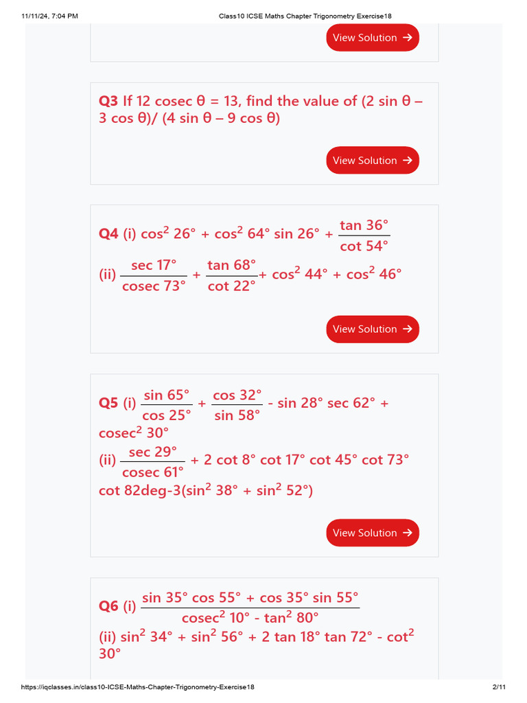 ICSE Class 10 Trigonometry Exercises | PDF | Mathematical Analysis | Functions And Mappings