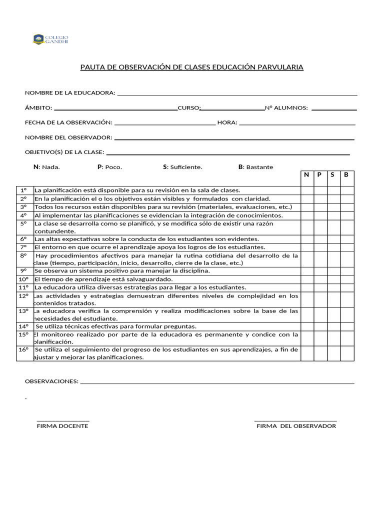 Pauta de Observacion de Clases Nivel Parvularia | PDF | Aprendizaje | Planificación