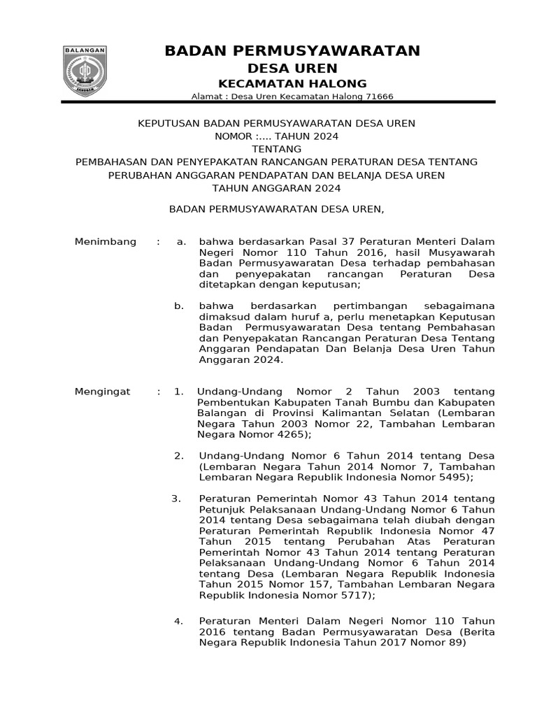 SK BPD Kesepakatan Rancangan Apbdes | PDF