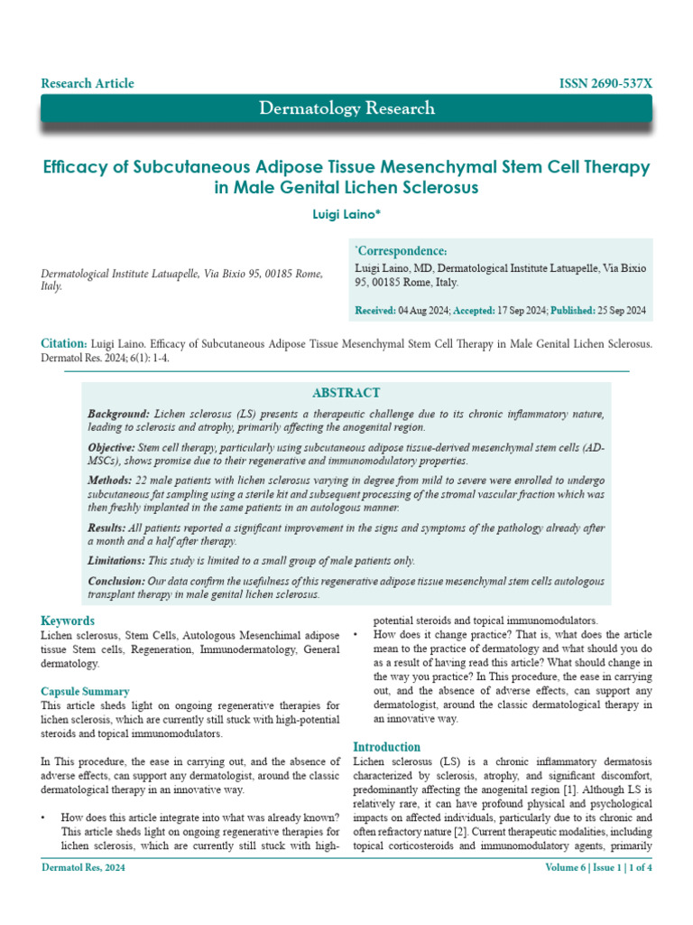 Efficacy of Subcutaneous Adipose Tissue Mesenchymal Stem Cell Therapy in Male Genital Lichen ...