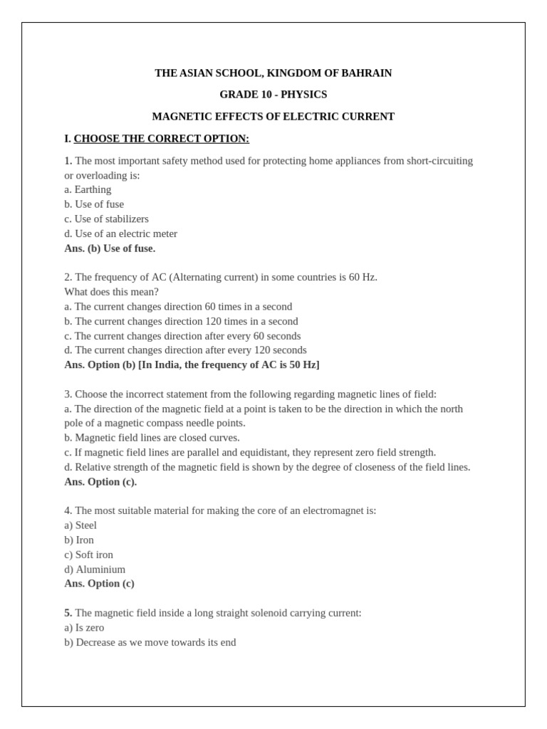 Grade 10 Physics: Magnetic Effects Quiz | PDF | Alternating Current ...
