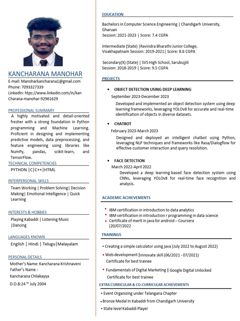 21BCS8540 Manohar Resume Updated | PDF | Computing | Computer Science