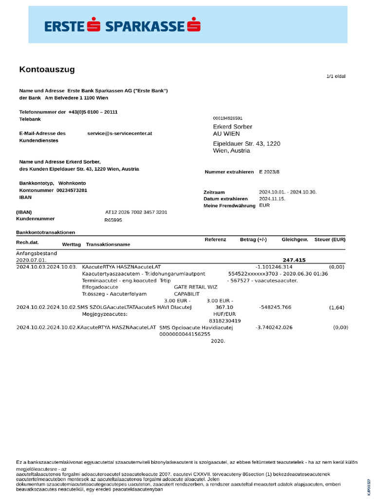 Erste Sparkasse Statement | PDF