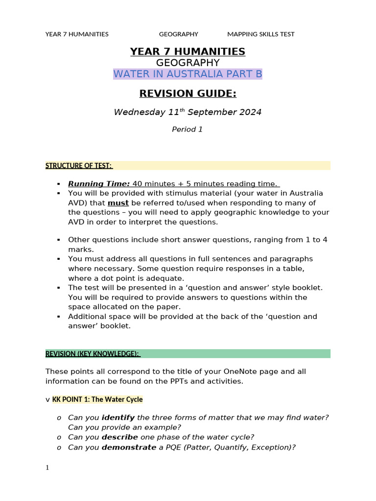 Y7G - Water in Australia Part B Revision Guide 2024 | PDF | Geography