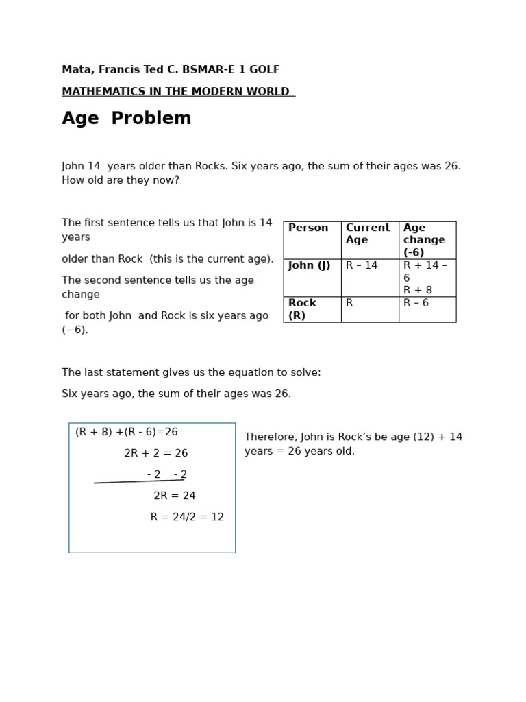 SOLVING: Age Word Problem/Mixture Problem and Distance, Rate and Time Proble. | PDF ...