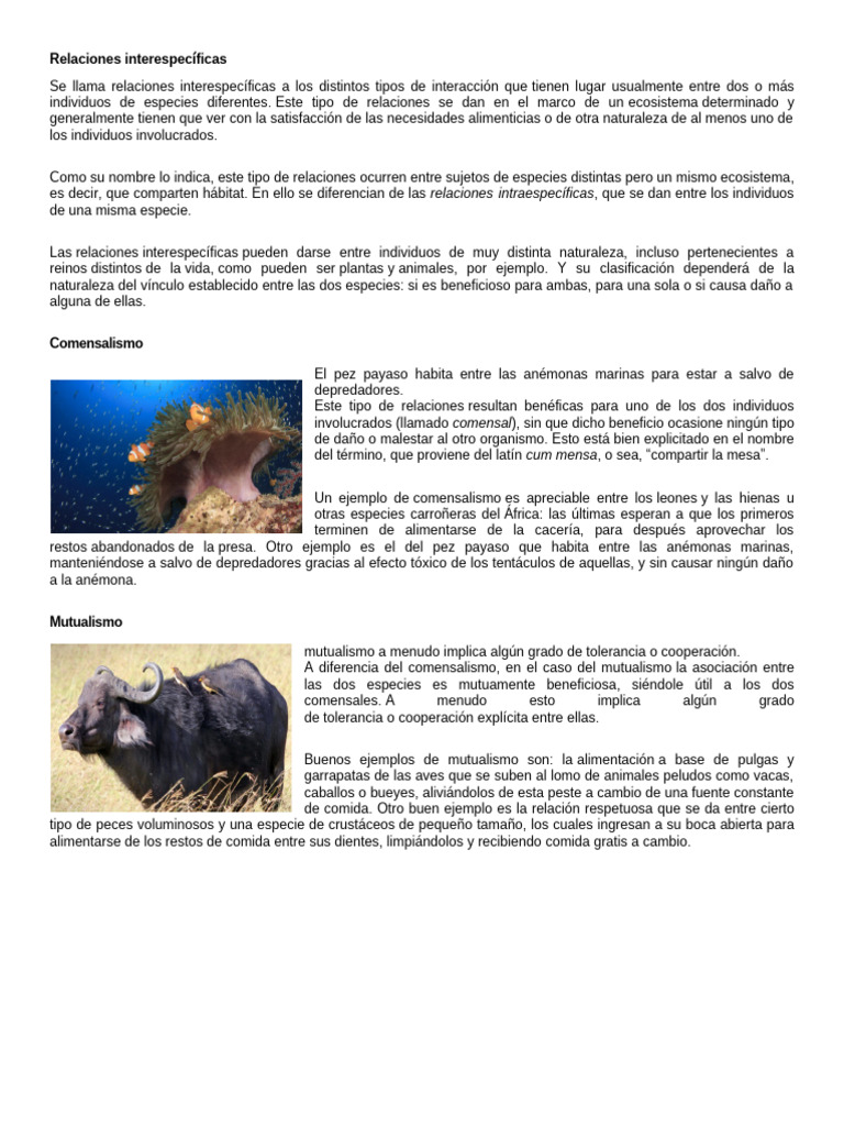 Relaciones interespecíficas en ecosistemas | PDF | Depredación ...